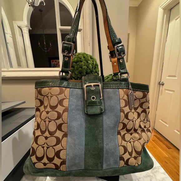 Coach | Bags | Coach Hamptons Signature Stripe Satchel Greenblue Suede ...